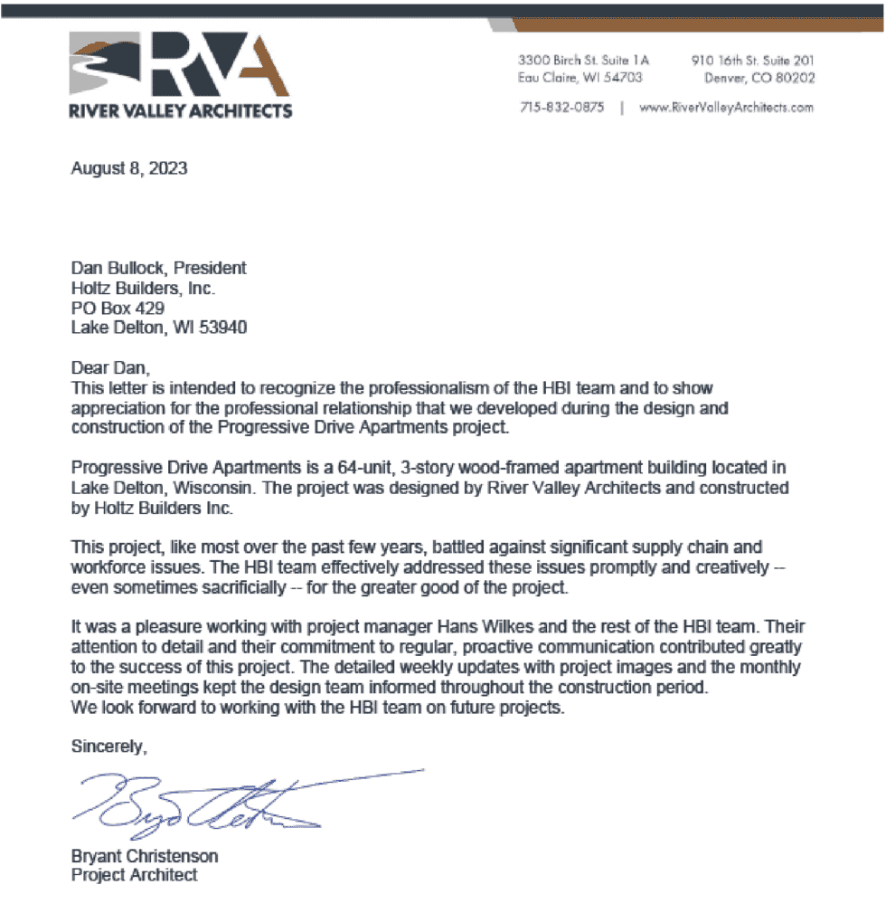 RVA Recommendation Letter | Holtz Builders | General Contractor