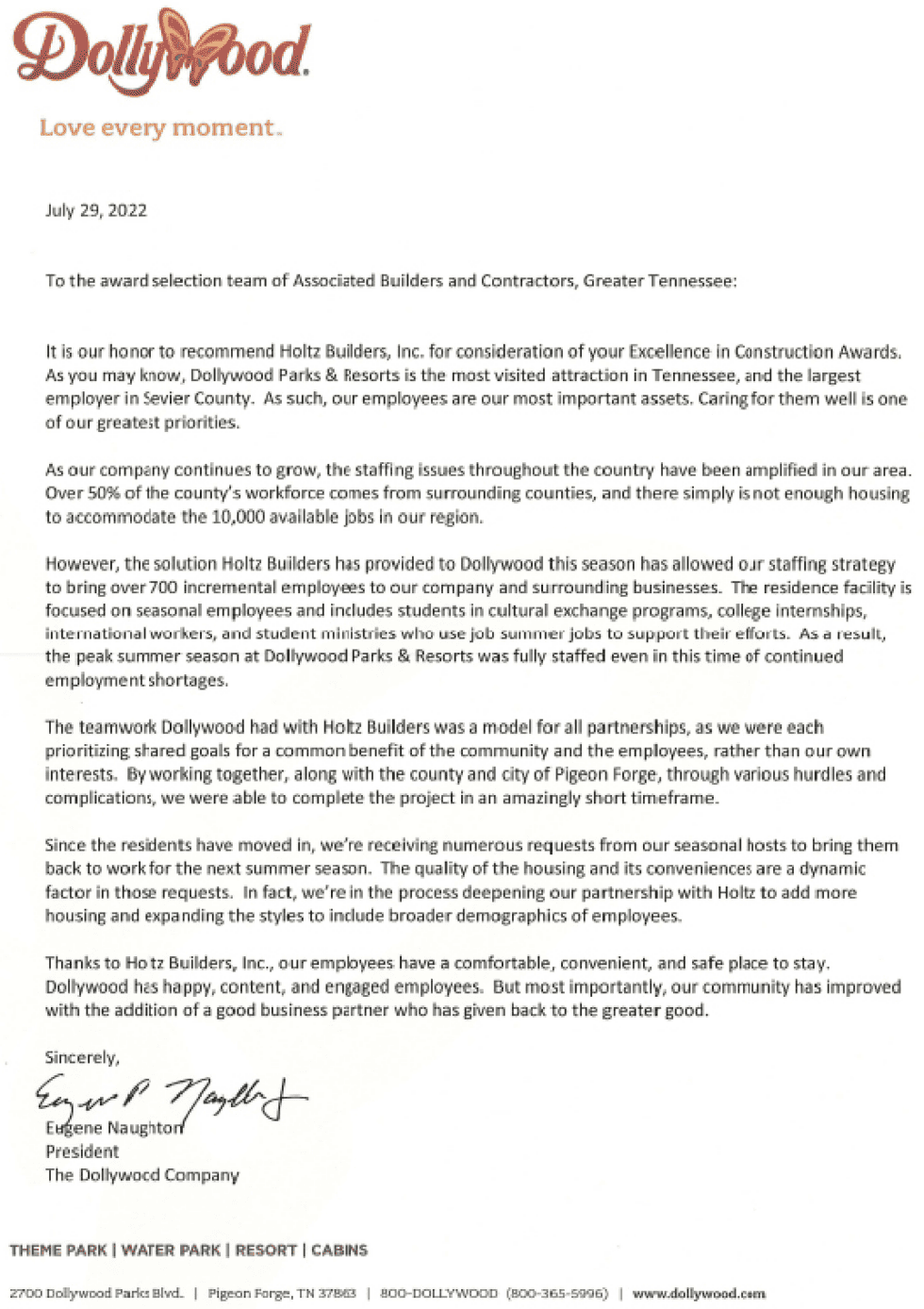 Dollywood Recommendation Letter | Holtz Builders | General Contractor