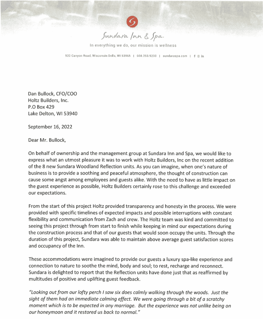 Sundara Recommendation Letter | Holtz Builders | General Contractor